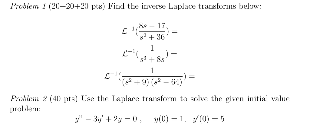 Solved Problem 1 (20+20+20 pts) Find the inverse Laplace | Chegg.com