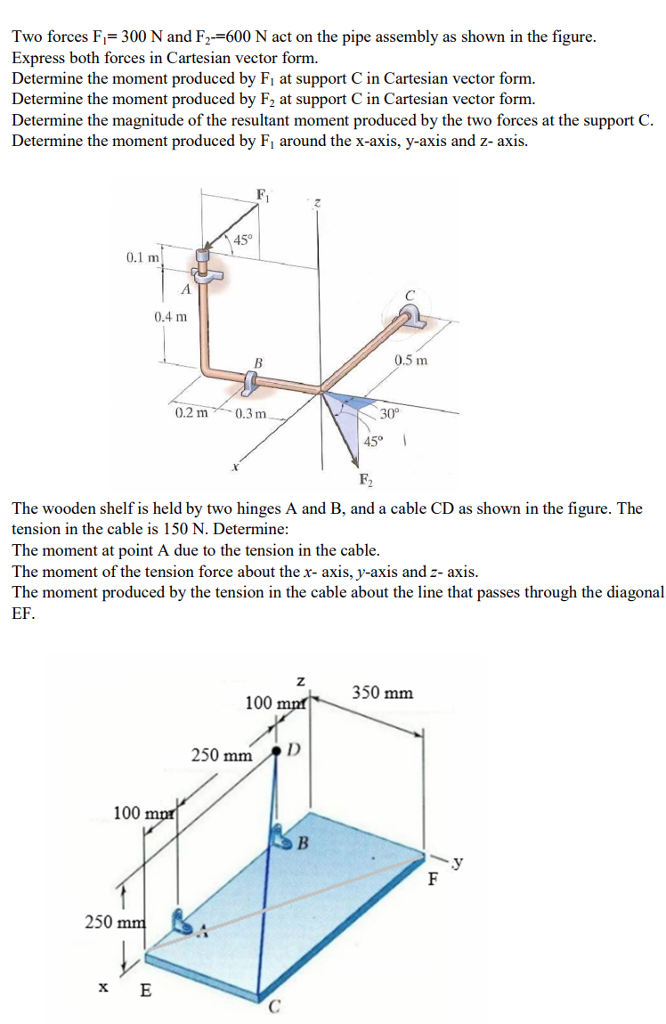 Solved Two forces F 300 N and F2--600 N act on the pipe | Chegg.com