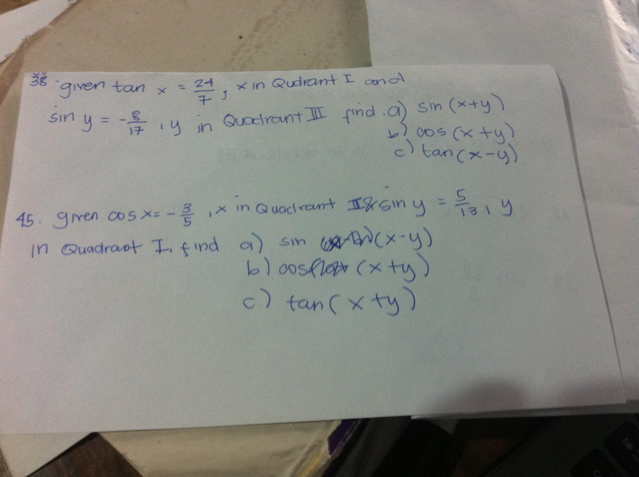 Solved given tan x = 24/7, x in quadrant I and sin y = | Chegg.com