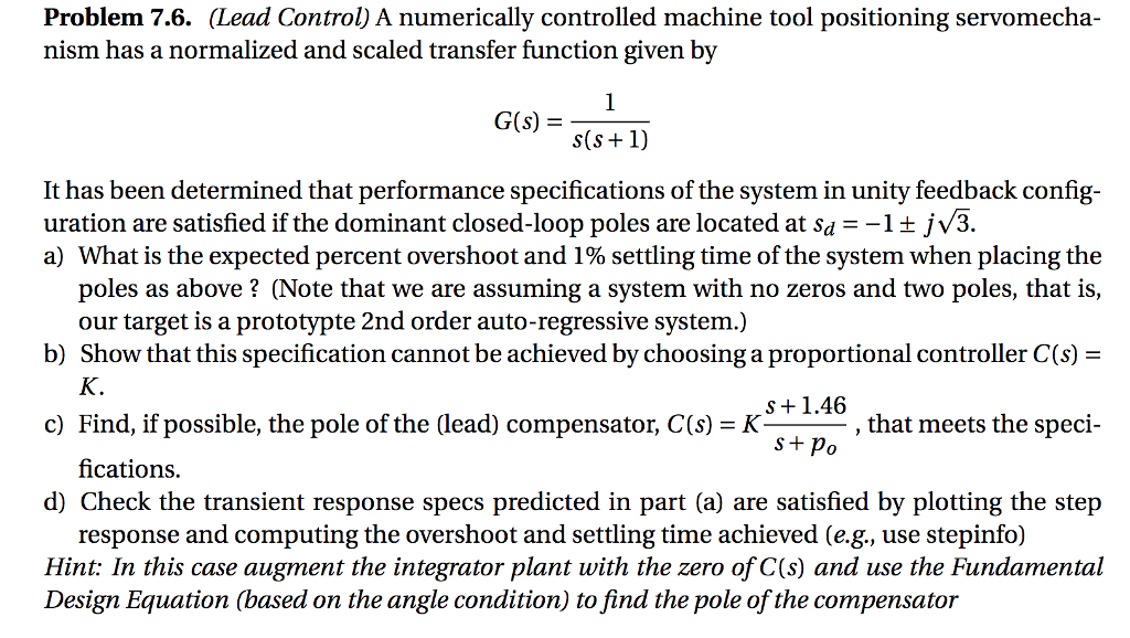Solved Problem 7.6. (Lead Control) A numerically controlled | Chegg.com