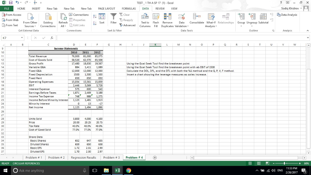 Using the Goal Seek Tool find the breakeven point | Chegg.com