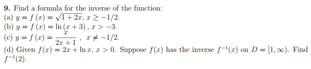Solved 9. Find a formula for the inverse of the function (a) | Chegg.com