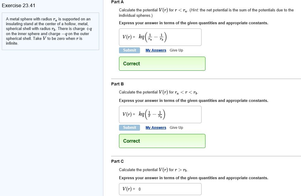 Solved Part A Exercise 23.41 Calculate the potential V(r) | Chegg.com