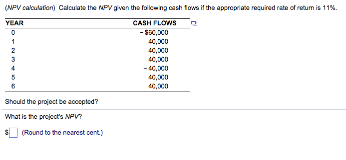 Solved (NPV calculation) Calculate the NPV given the | Chegg.com