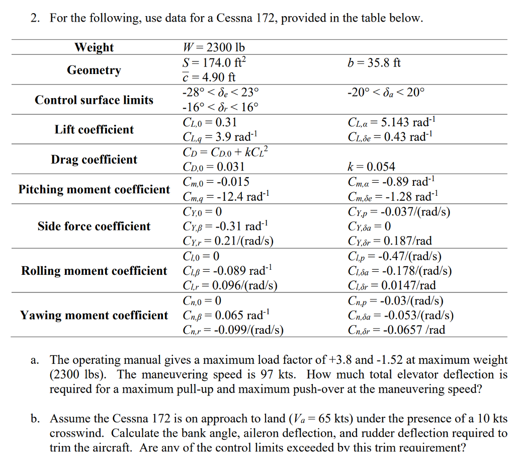 2. For the following, use data for a Cessna 172, | Chegg.com