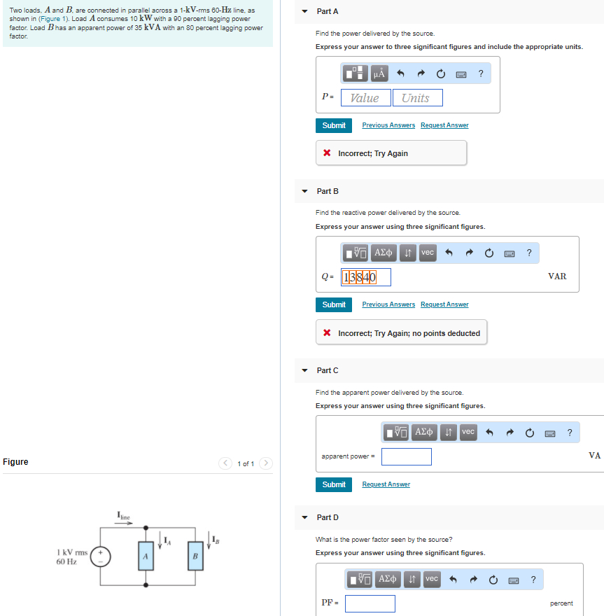 Solved Two loads, A and B, are connected in parallel across | Chegg.com