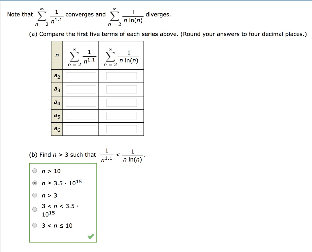 Solved 1_diverges. n ln(n) Note that -converges and n2 (a) | Chegg.com