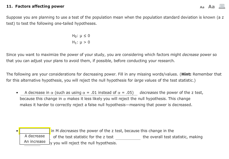 Solved 11. Factors affecting power Aa Aa Suppose you are | Chegg.com