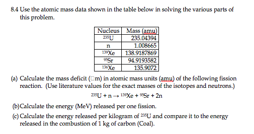 Solved 8.4 Use the atomic mass data shown in the table below | Chegg.com