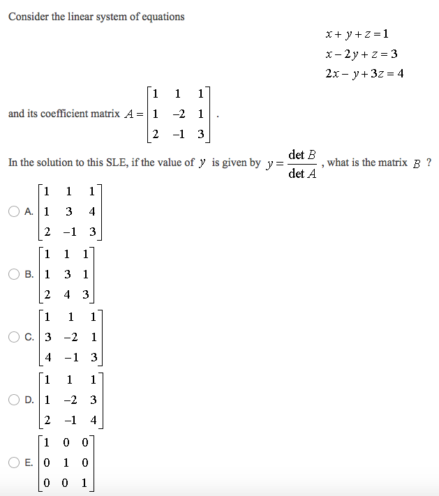 Solved Consider the linear system of equations x+y+z 1 x-2y | Chegg.com