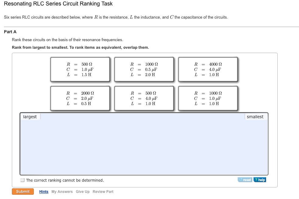 Solved Resonating RLC Series Circuit Ranking Task Six series | Chegg.com