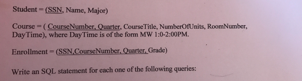 Solved Student (SSN, Name, Major) Course = ( CourseNumber. | Chegg.com