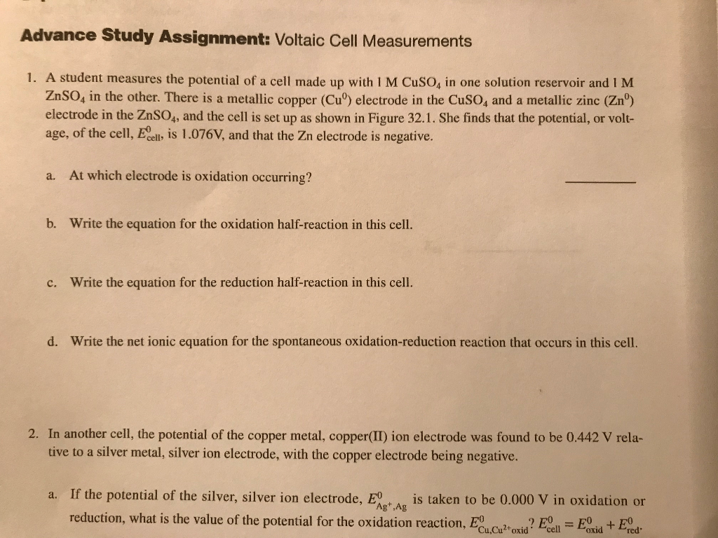 Solved Advance Study Assignment: Voltaic Cell Measurements | Chegg.com