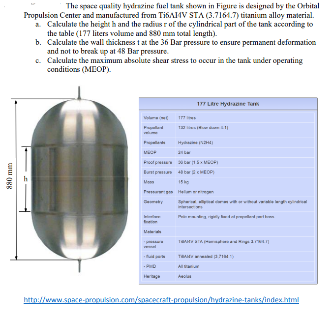 The space quality hydrazine fuel tank shown in Figure | Chegg.com