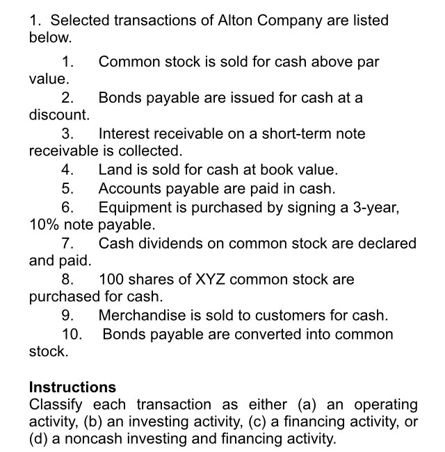 Solved Selected transactions of Alton Company are listed | Chegg.com Solved Selected transactions of Alton Company are listed | Chegg.com