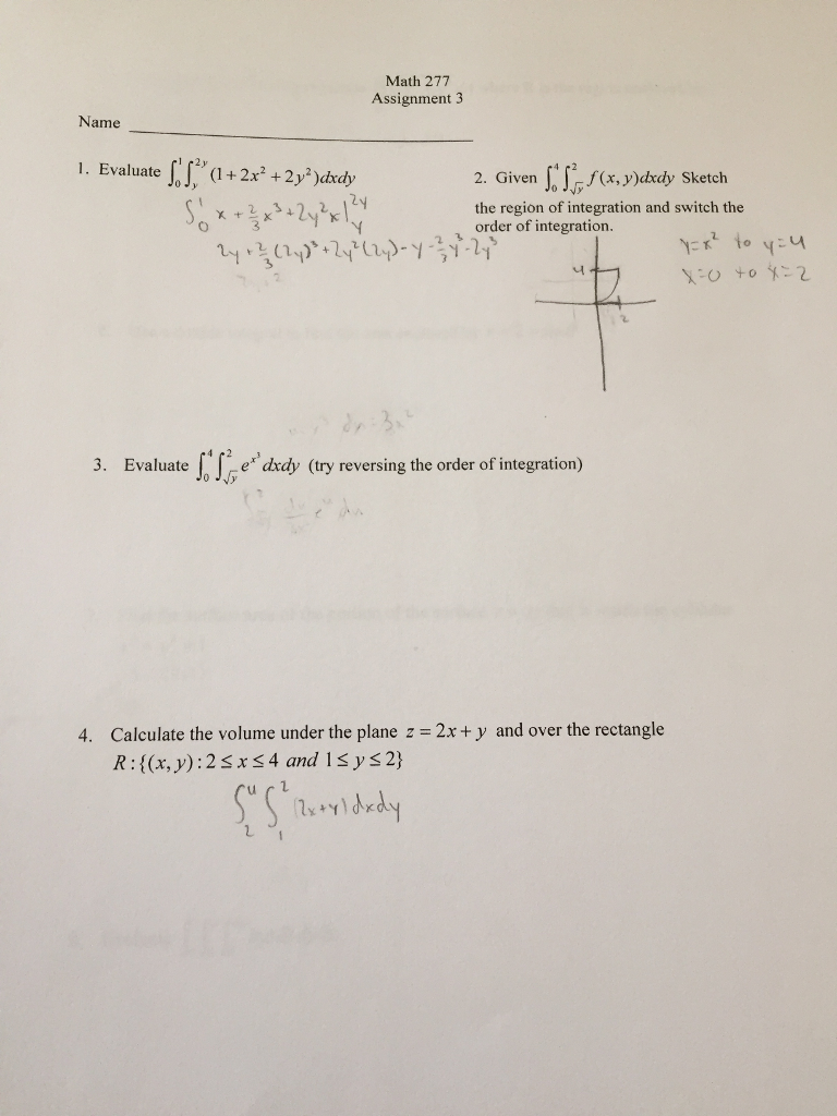 Solved Math 277 Assignment 3 Name 1. Evaluate J,"l+2x2 +22dy | Chegg.com