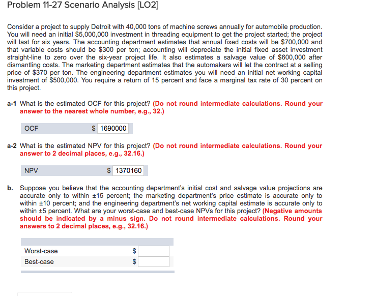 Solved Problem 11-27 Scenario Analysis [LO2] Consider a | Chegg.com