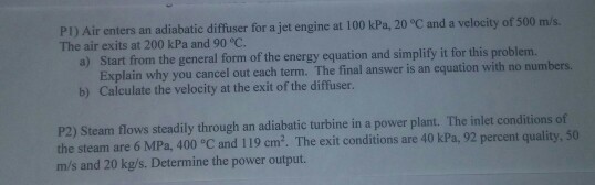 Solved P?) Air enters an adiabatic diffuser for a jet engine | Chegg.com