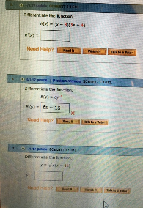 Solved Differentiate the function. H(x) = (x-3)(3x+4) | Chegg.com