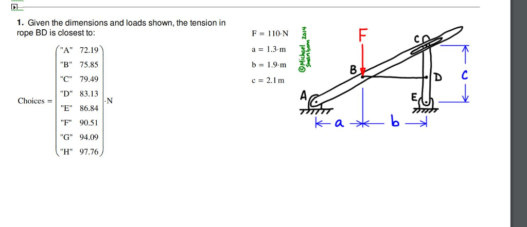 Solved 1. Given the dimensions and loads shown, the tension | Chegg.com