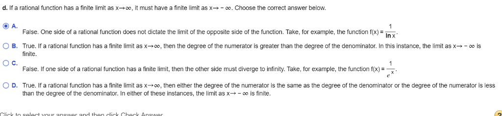 Solved d. If a rational function has a finite limit as x→oo, | Chegg.com