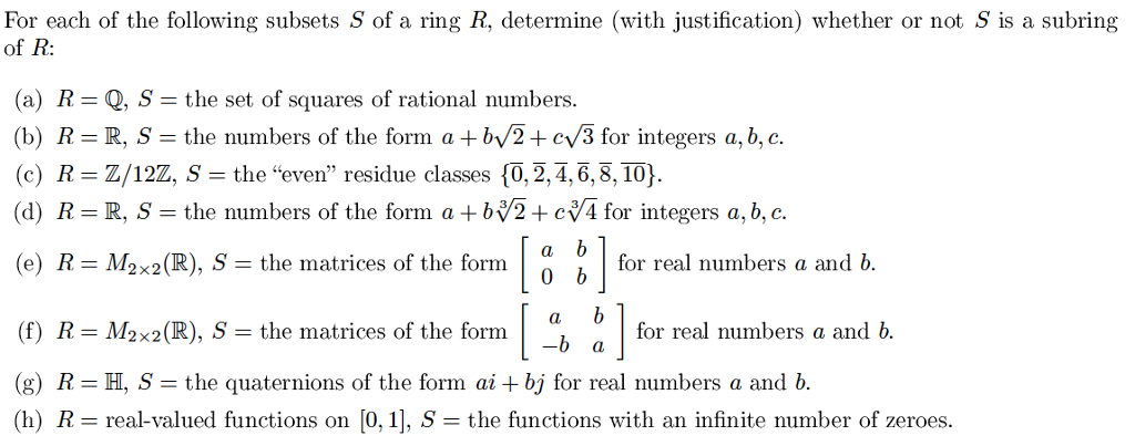 Solved For each of the following subsets S of a ring R, | Chegg.com