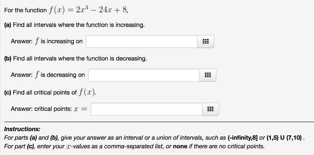 Solved For the function f(x) 2r3- 24r +8, For the function f | Chegg.com