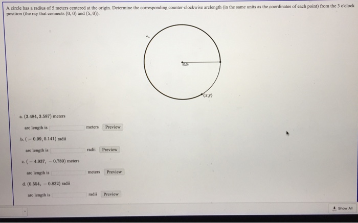 Solved A circle has a radius of 5 meters centered at the | Chegg.com