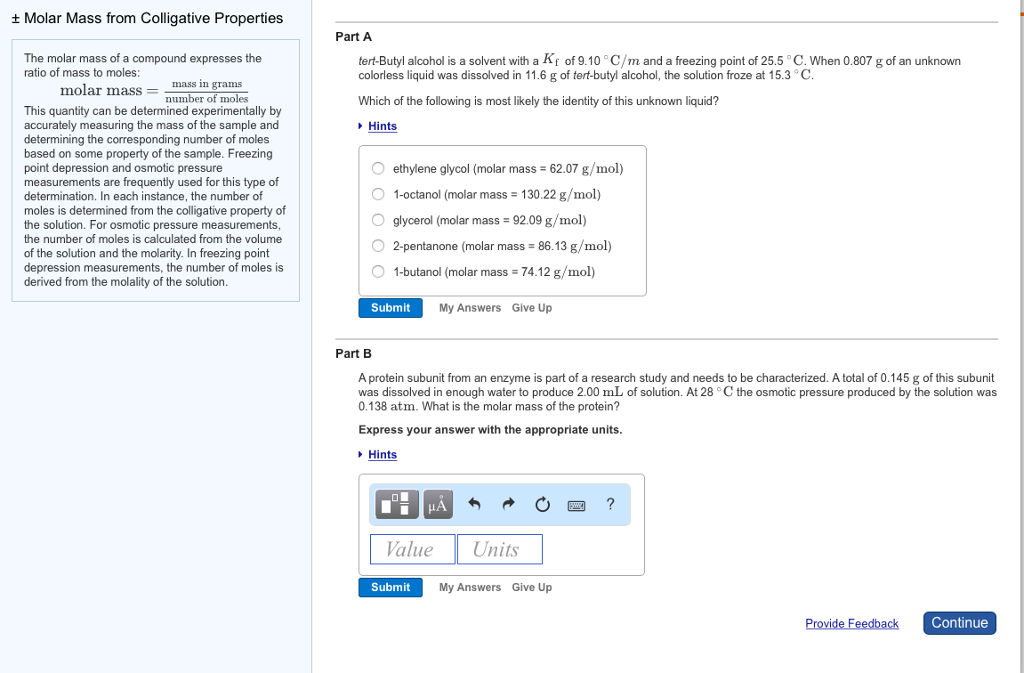 Solved ± Molar Mass from Colligative Properties Part A The | Chegg.com