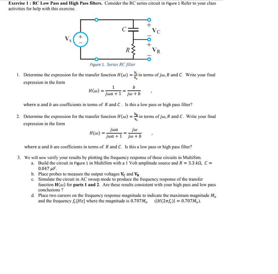Solved Exercise 1 : RC Low Pass and High Pass filters. | Chegg.com