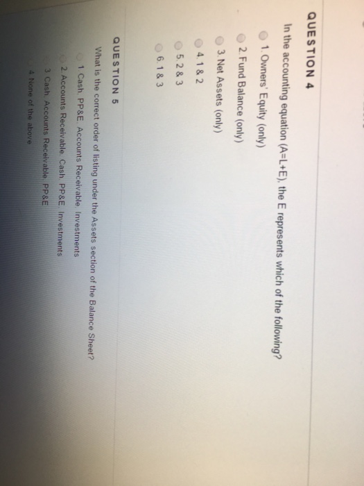 Solved In the accounting equation (A=L+E), the E represents | Chegg.com