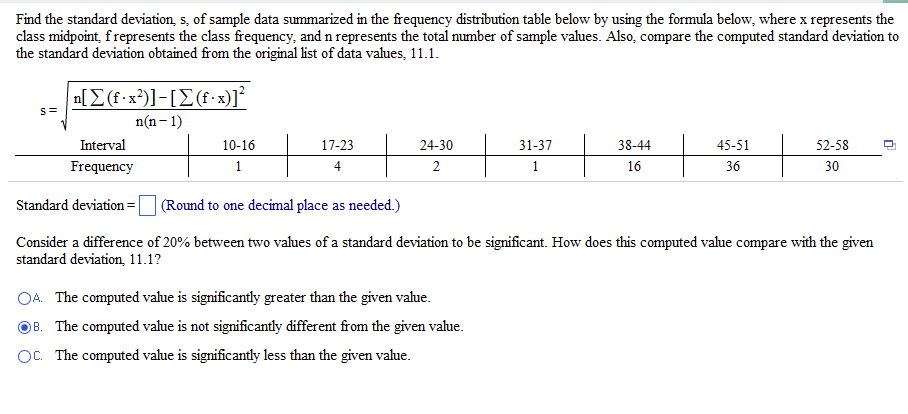 Solved Find the standard deviation, s, of sample data | Chegg.com