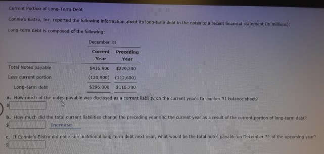 Solved Current Portion of Long-Term Debt Connie's Bistro, | Chegg.com
