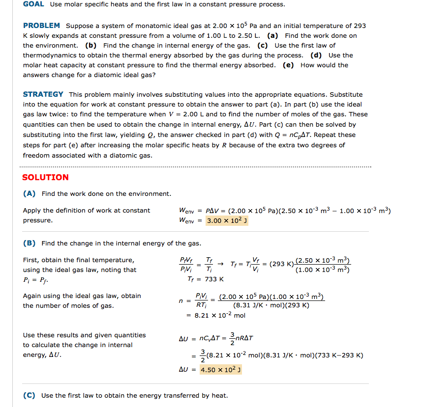 Solved GOAL Use molar specific heats and the first law in a | Chegg.com