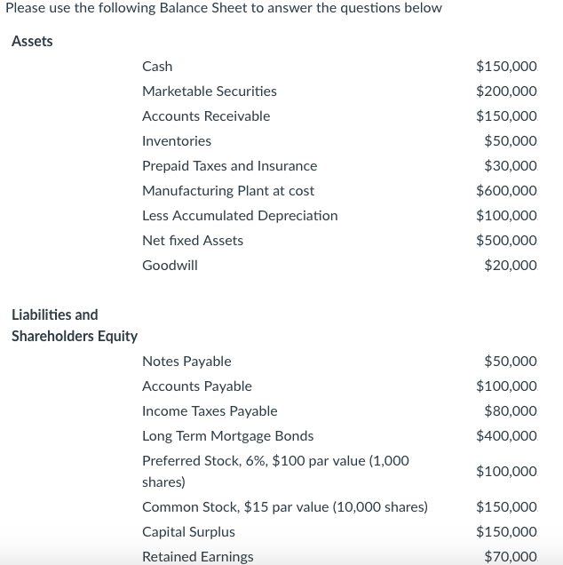 Solved Please Use The Following Balance Sheet To Answer The Chegg Solved Please Use The Following Balance Sheet To Answer The Chegg