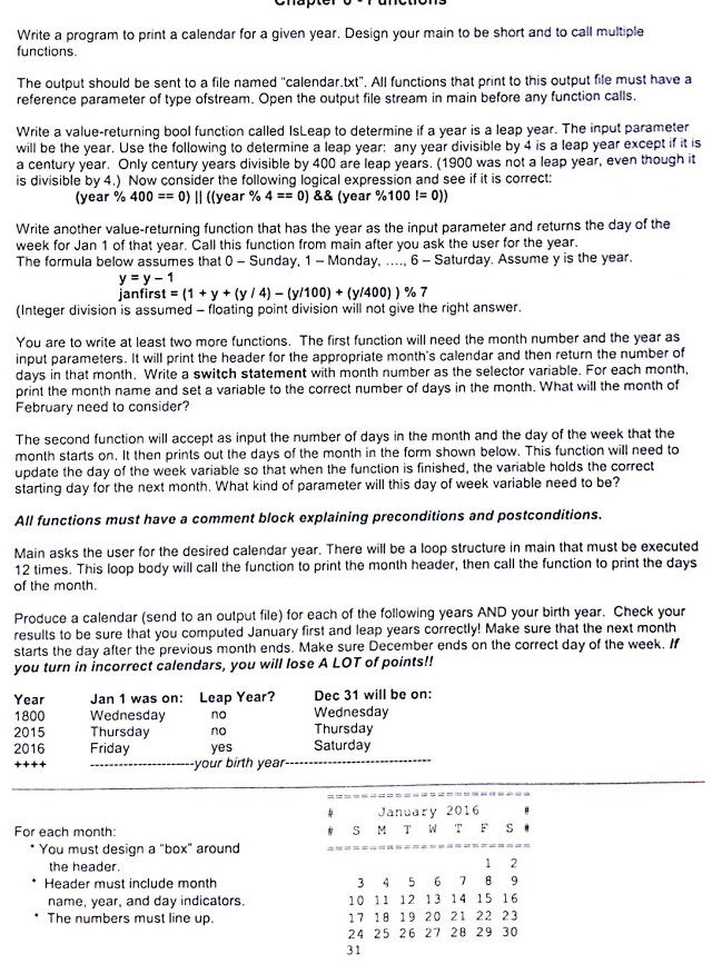 write a program to print a calendar for a given year. | Chegg.com