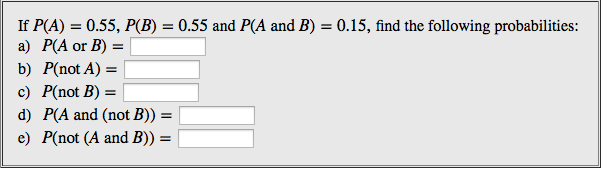 Solved If P(A) = 0.55, P(B) = 0.55 and P(A and B) = 0.15, | Chegg.com