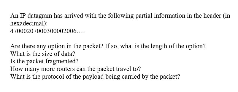 Solved An IP datagram has arrived with the following partial | Chegg.com