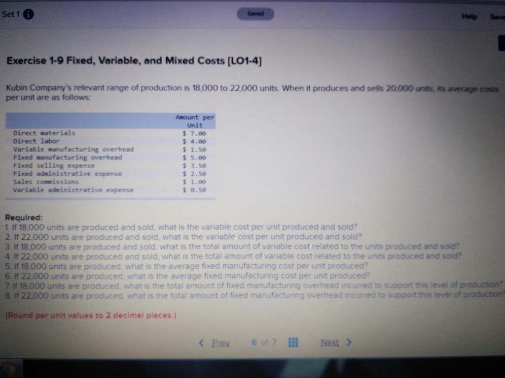 Solved Set 1 Help Save Exercise 1-9 Fixed, Variable, and | Chegg.com