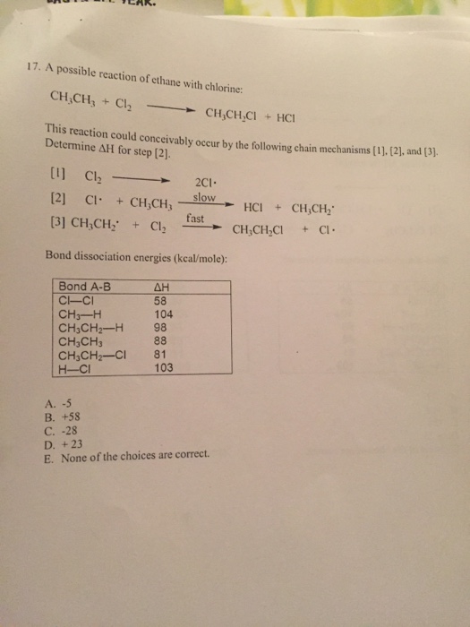 Solved A possible reaction of ethane with chlorine: | Chegg.com