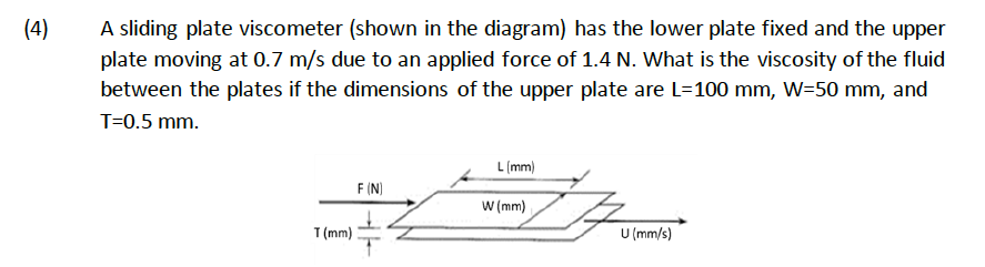 Solved (4)A sliding plate viscometer (shown in the diagram) | Chegg.com