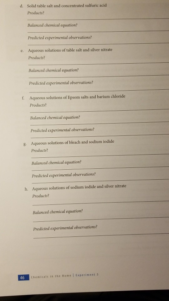 Solved Experiment 5 - Pre Lab The substances or solutions | Chegg.com