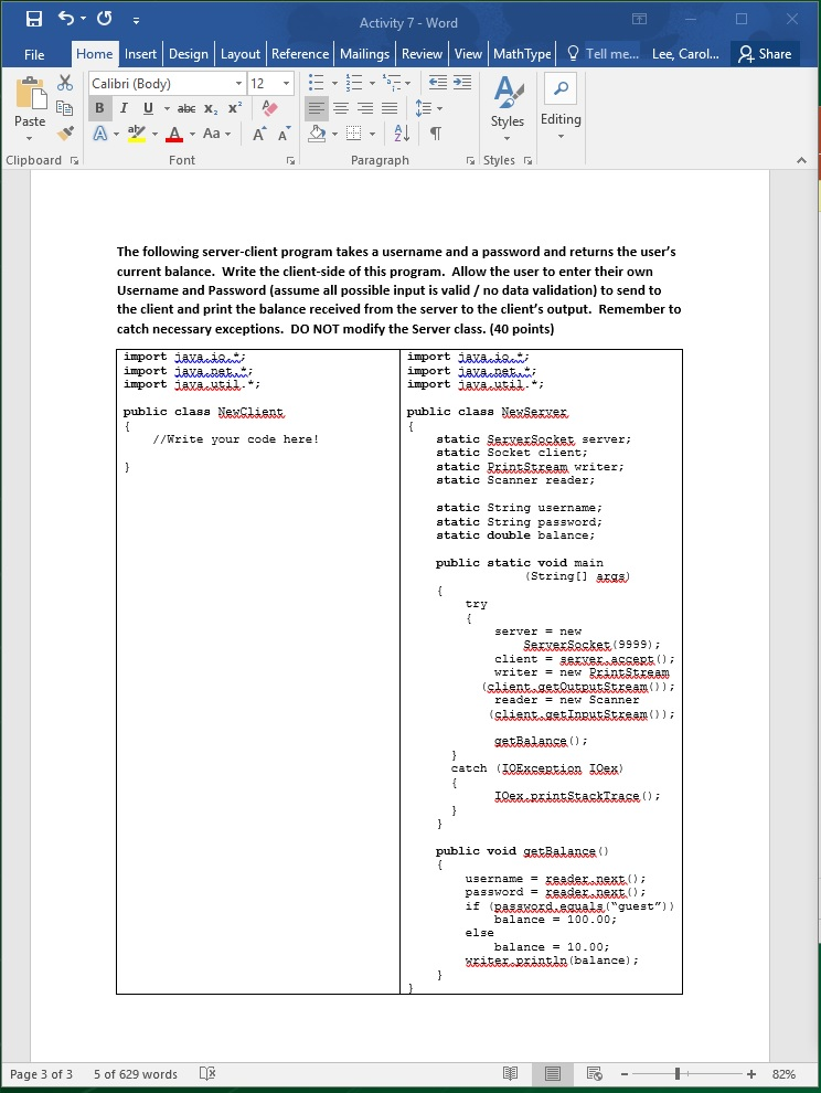 Solved The following server-client program takes a username | Chegg.com