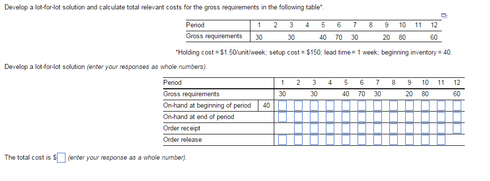 Solved Develop a lot-for-lot solution and calculate total | Chegg.com