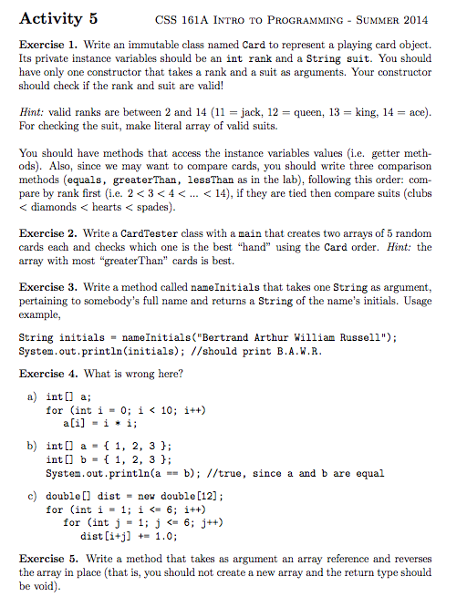 Solved Write an immutable class named Card to represent a | Chegg.com