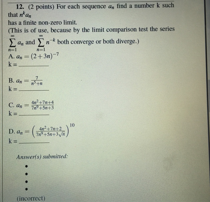 Solved For each sequence a_n find a number k such that | Chegg.com