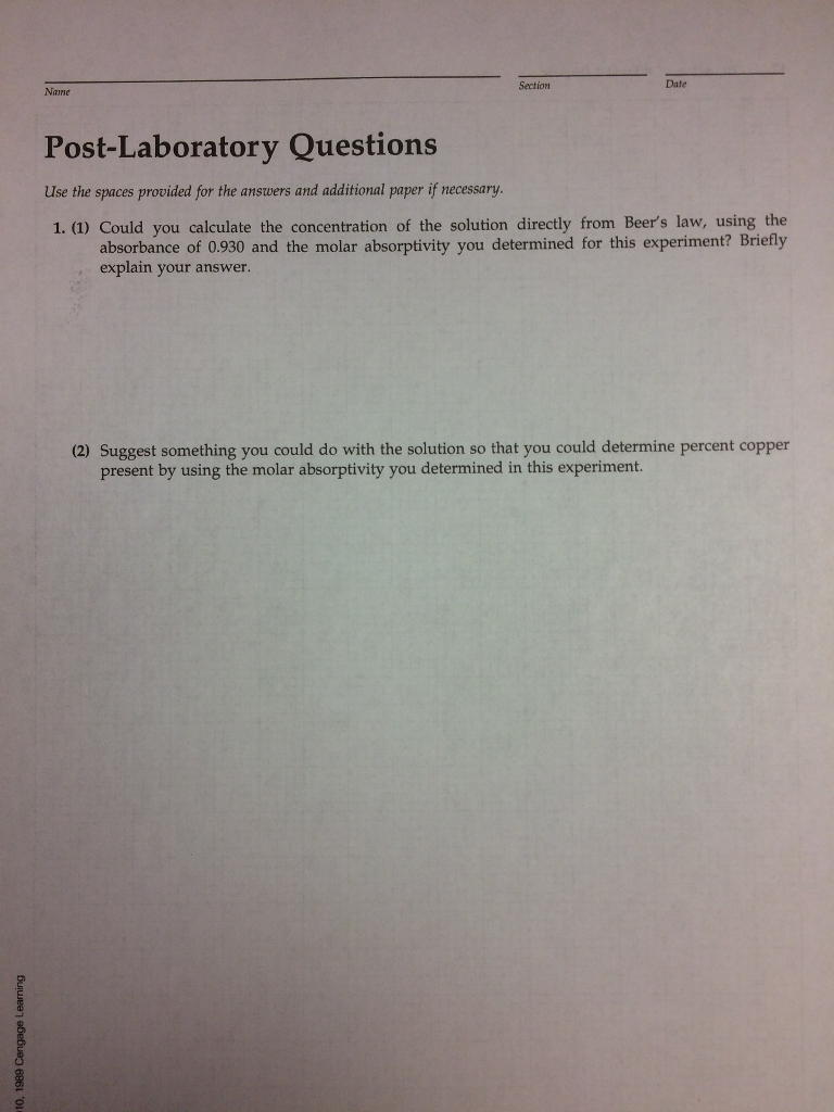 Solved Section Date Nune Post-Laboratory Questions Use the | Chegg.com