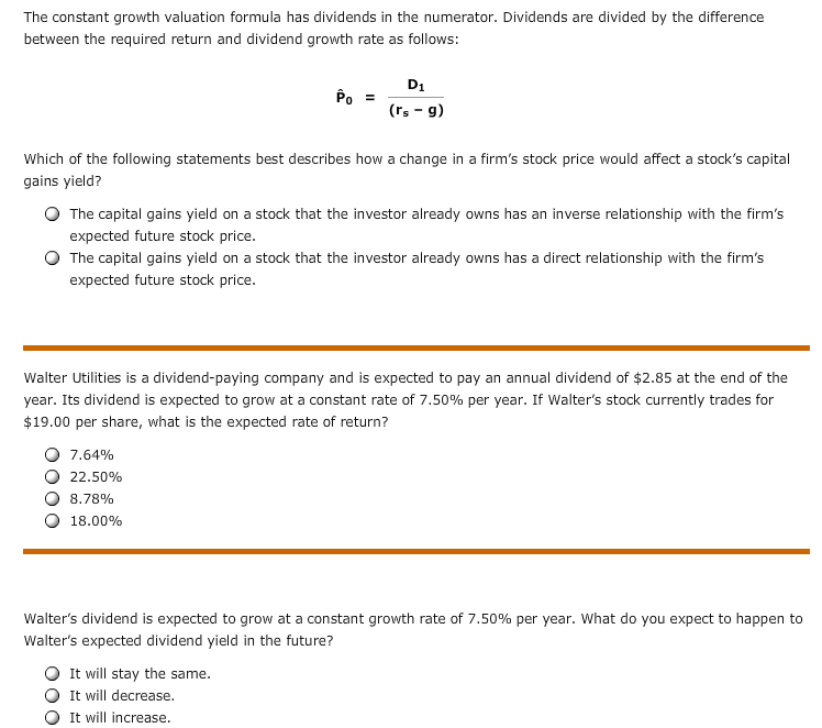 Solved The constant growth valuation formula has dividends | Chegg.com