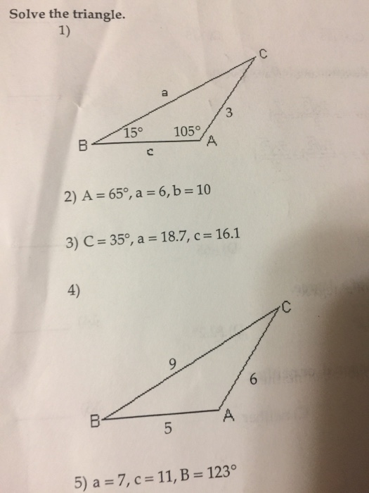 Solved Solve the triangle. A = 65 degree, a = 6, b = 10 C | Chegg.com