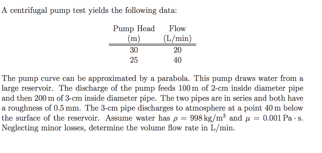 Solved A centrifugal pump test yields the following data: | Chegg.com